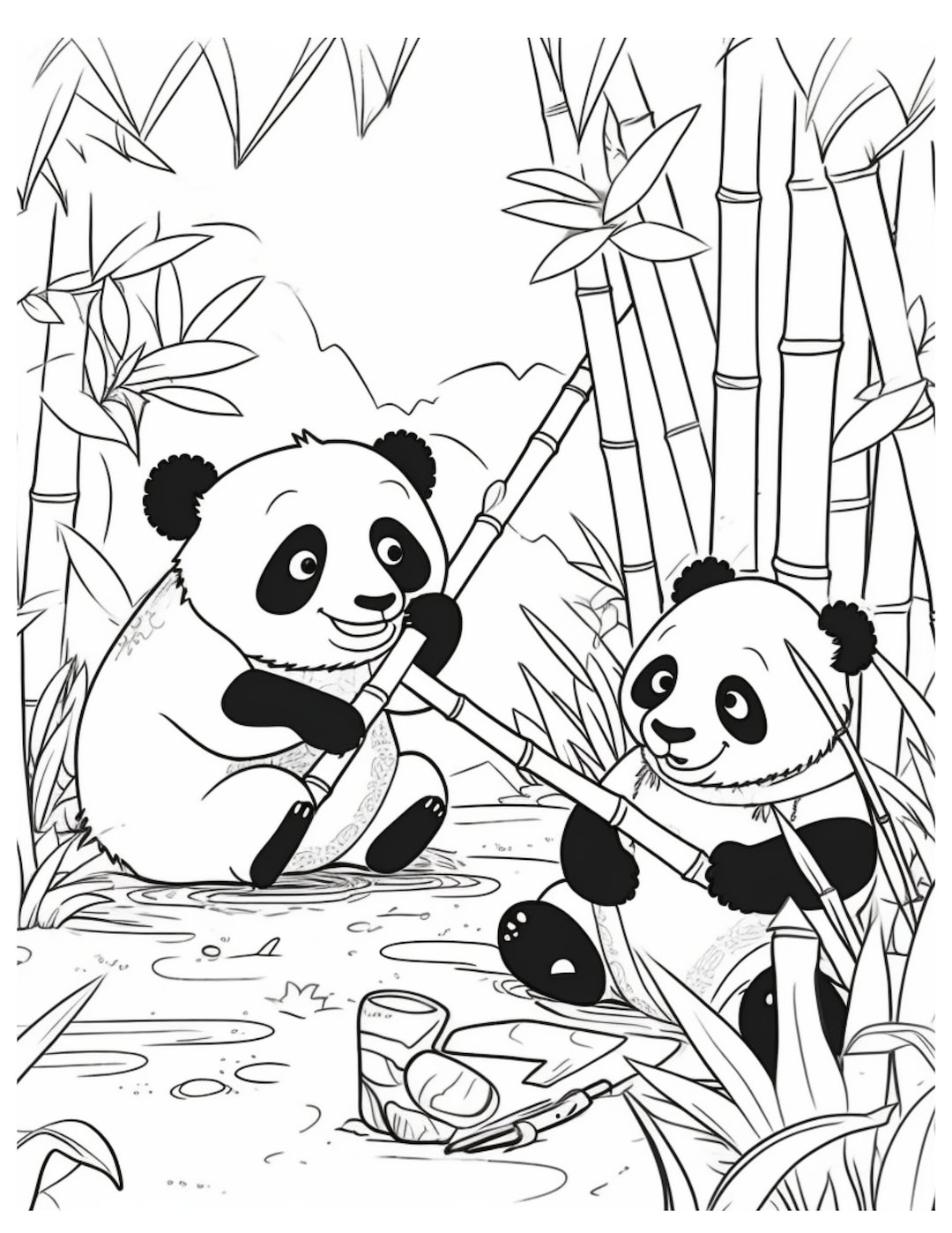 Digital Print Instant Download Coloring Page of Pandas Eating Bamboo - Etsy