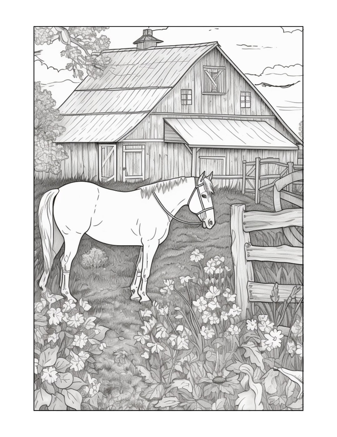 Greyscale Horse in a Country Setting Coloring Page for Teens/adults ...