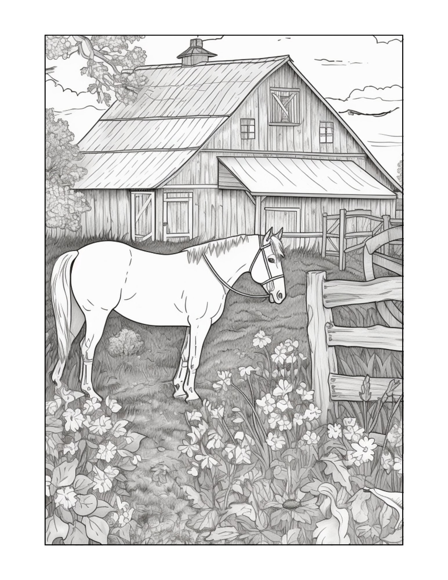 Greyscale Horse in a Country Setting Coloring Page for Teens/adults ...