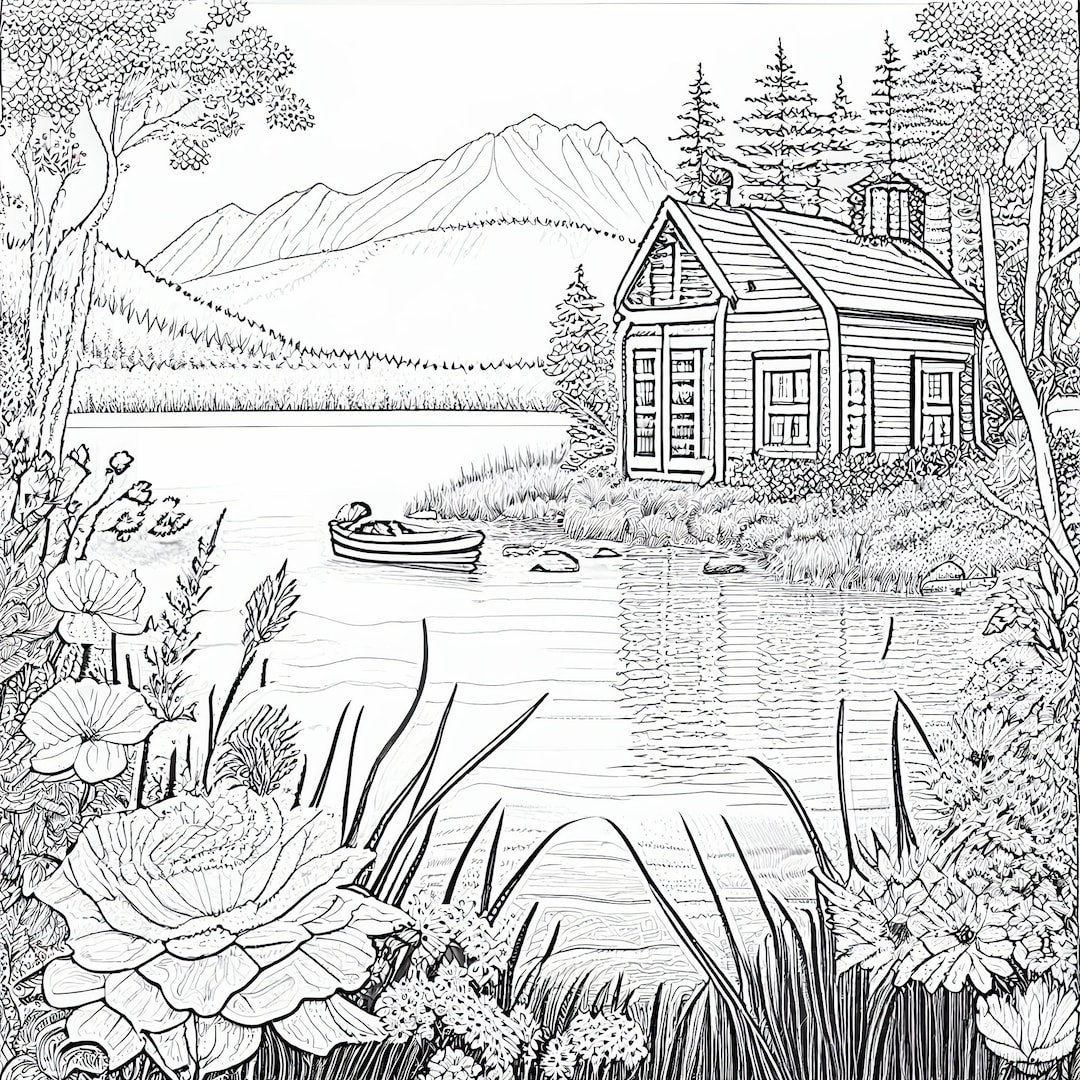Digital Print Instant Download Cabin by the Lake Coloring - Etsy