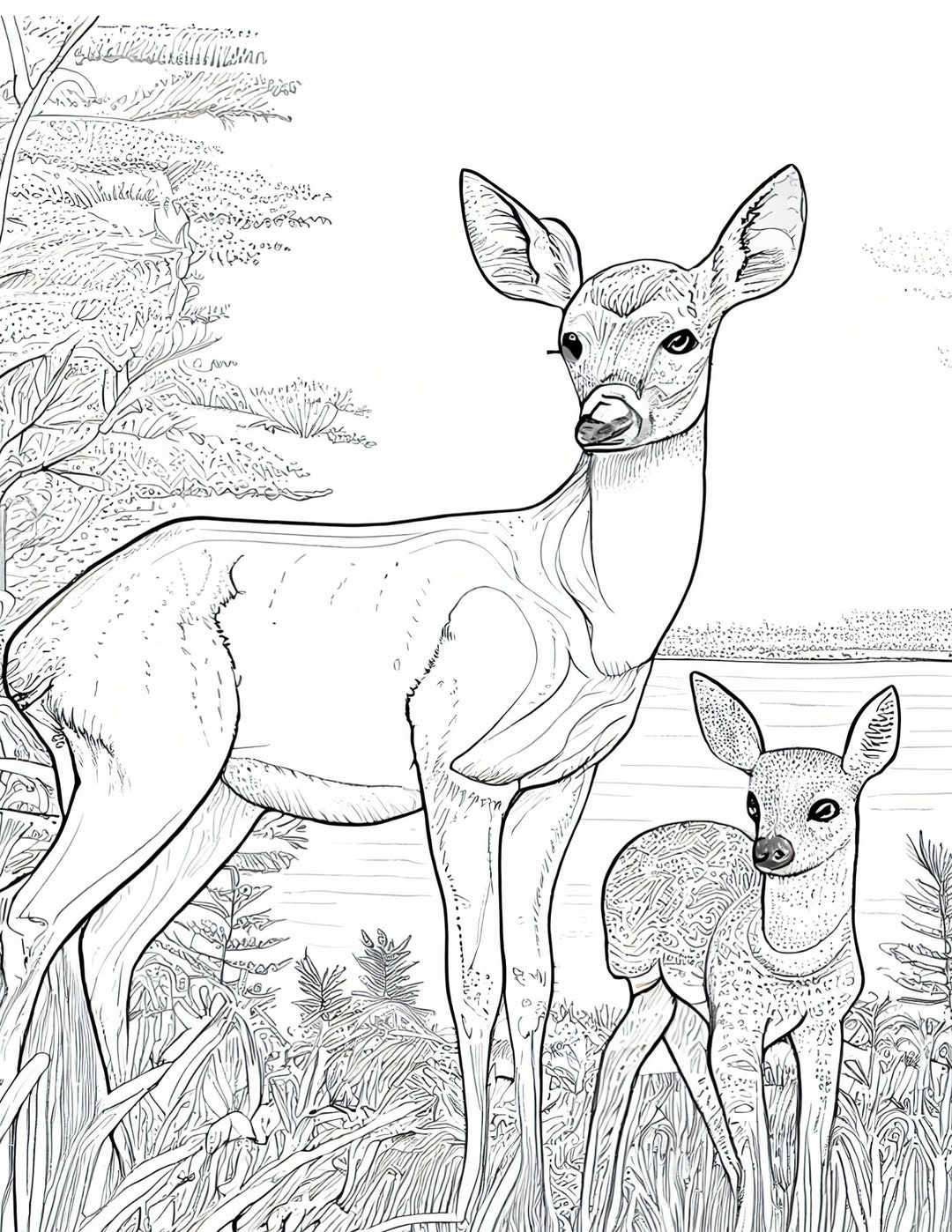 Mother Doe and Her New Fawn in the Forest Coloring Page Instant ...