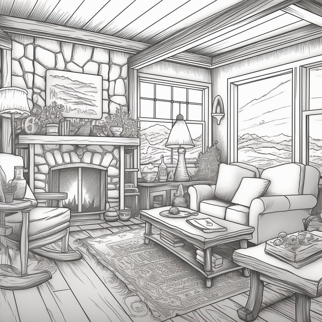 Coloring Page for Adults of a Cozy Cabin Living Room Instant Download ...