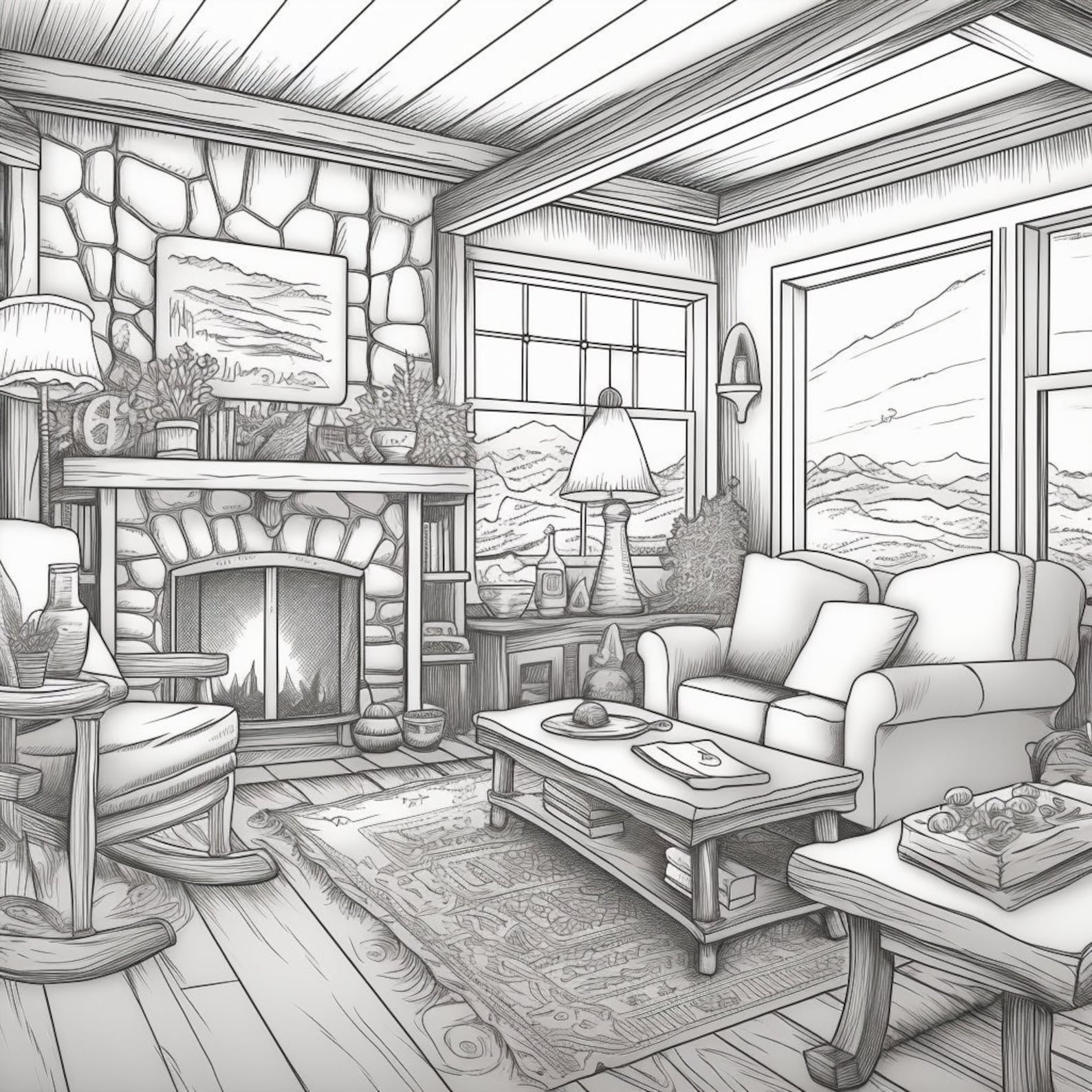 Coloring Page for Adults of a Cozy Cabin Living Room Instant Download ...