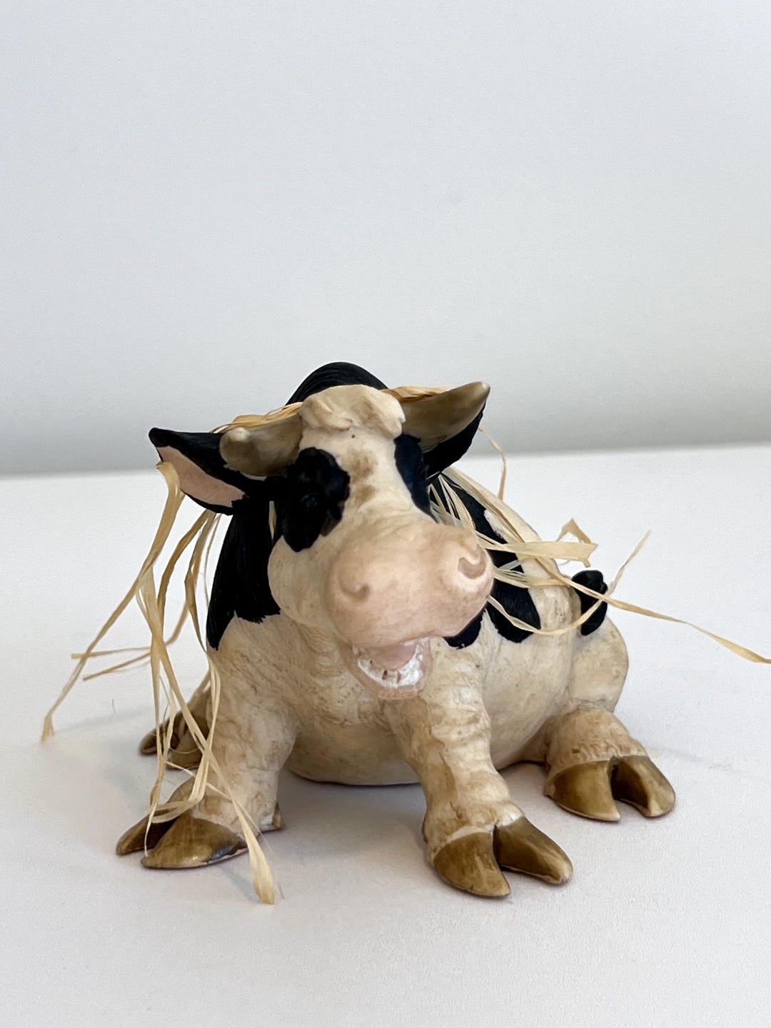 4" Cow Sitting Down With Bow - Hand Painted Figurine Fun Home Decor ...