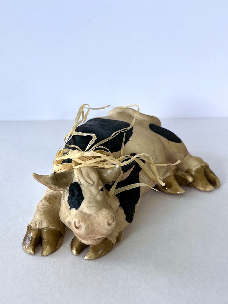 4" Cow Laying Down With Bow - Hand Painted Figurine Fun Home Decor Home ...