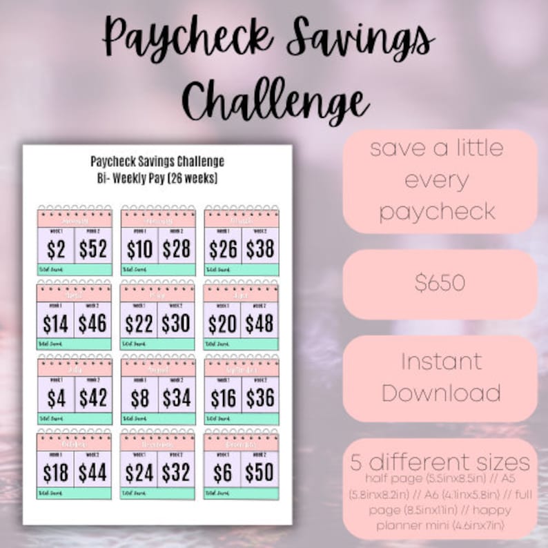 Paycheck Savings Challenge - 26 Weeks - Bi-weekly Pay - 5 Different ...
