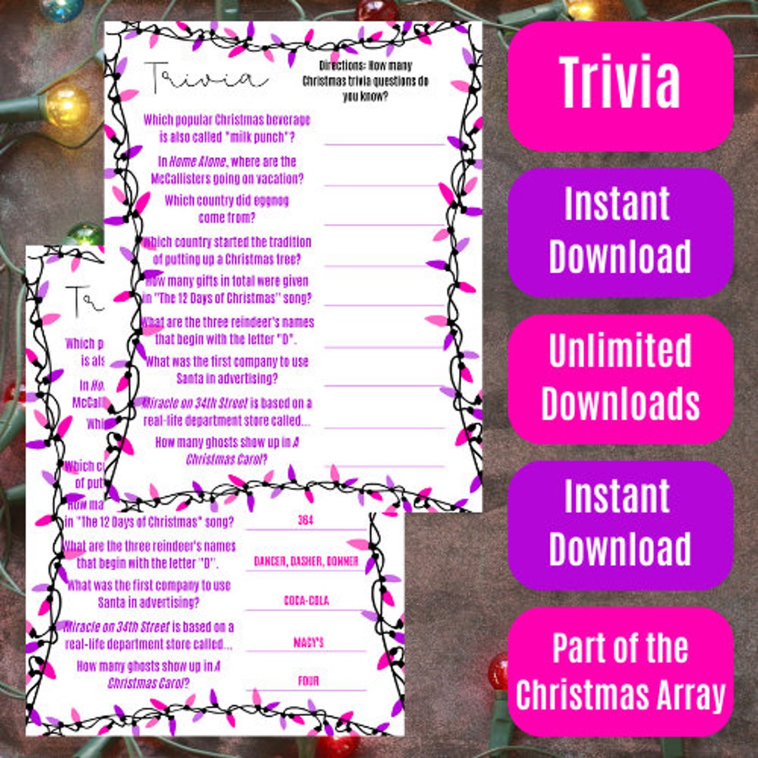 Christmas Themed Trivia (with Answers) - Pink and Purple Lights - Etsy