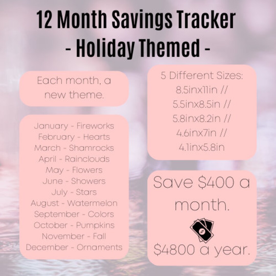 12 Month Saving's Tracker - Each Month Themed - 5 Different Sizes ...