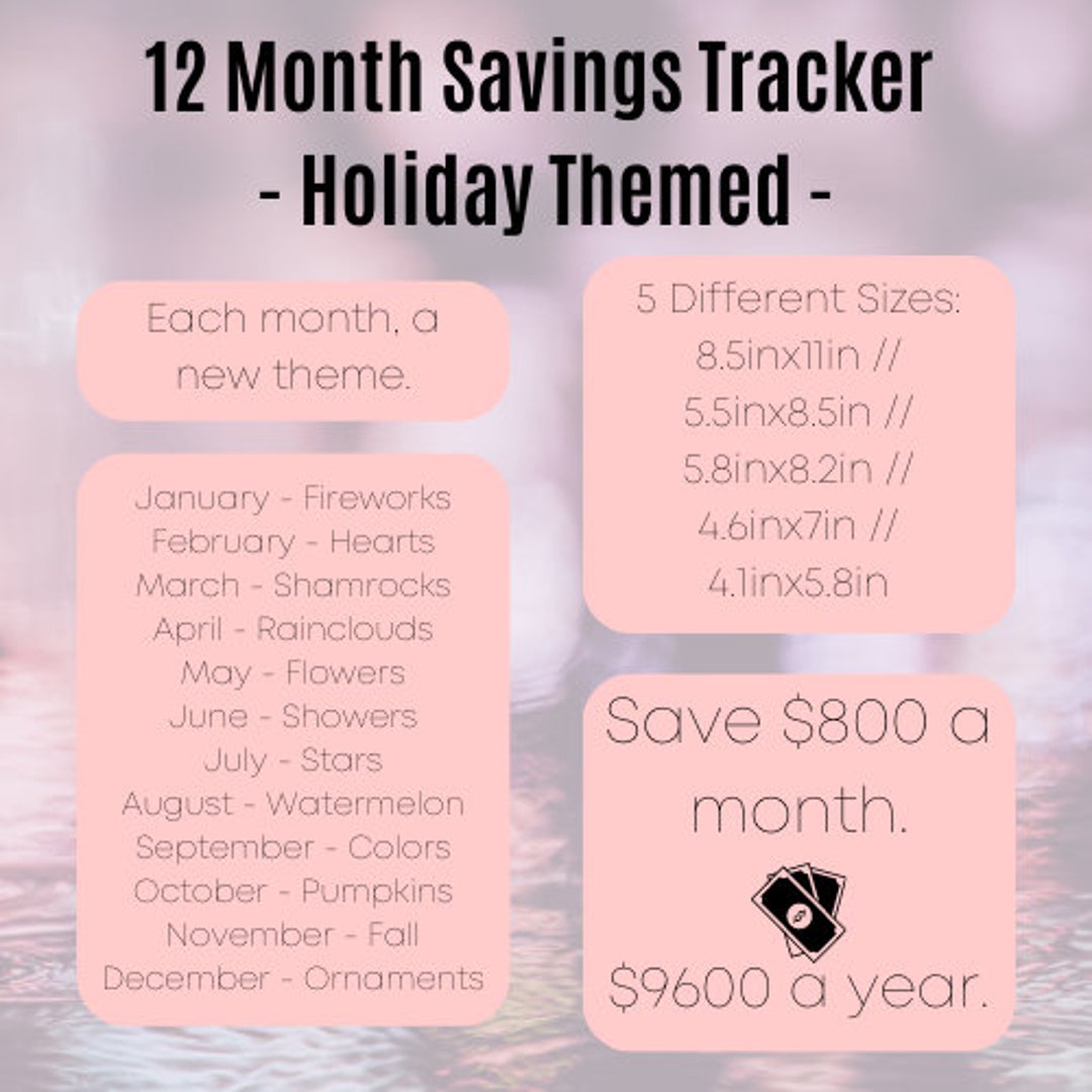 12 Month Saving's Tracker Each Month Themed 5 Different Sizes Save 800 ...