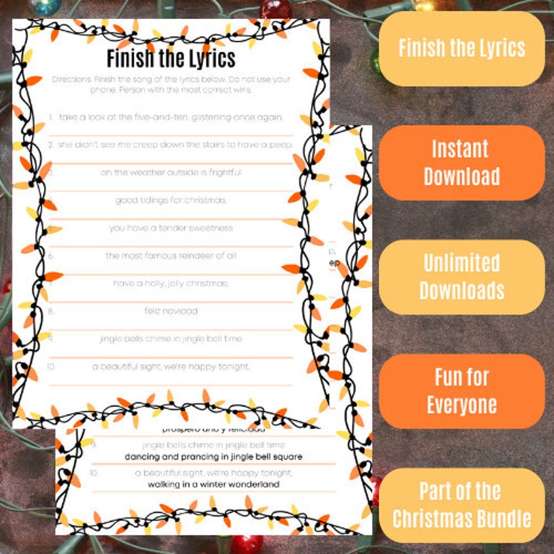 Christmas Themed Finish the Lyrics - Orange and Yellow Lights - Etsy