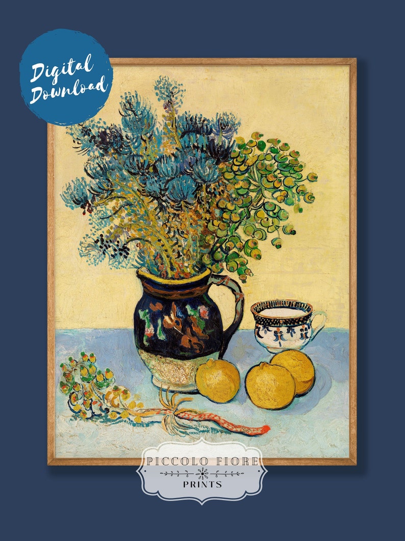 Vintage Rustic Blue and Yellow Floral and Fruit Still Life - Etsy