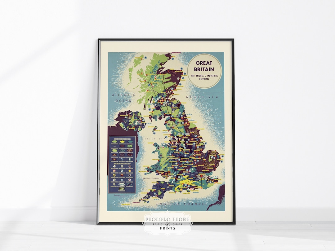 Vintage Map of Great Britain Art Poster | Industries and Agriculture ...