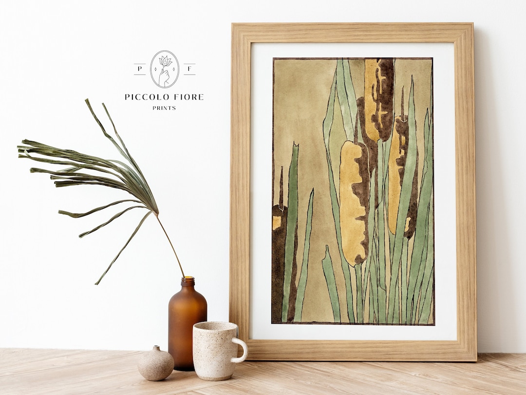Cattail/reeds Beige and Green Floral Watercolour Illustration Art Print ...