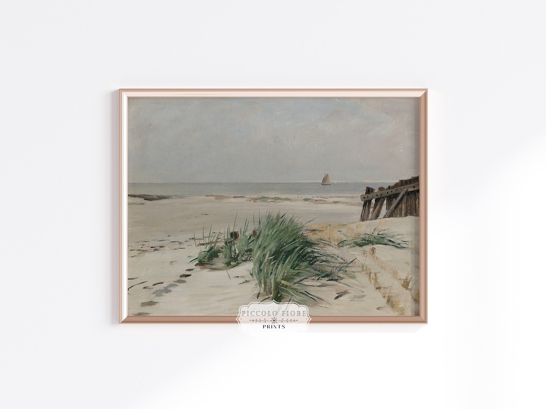Vintage Beach Sand Dune and Sailing Boat Coastal Seascape Neutral Decor ...