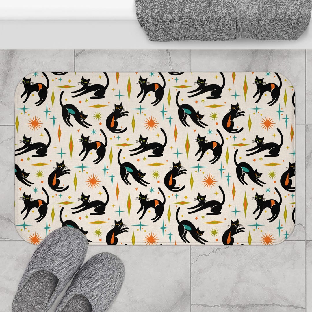 Mid Century Modern Atomic Black Cat Bath Mat: Super Soft Microfibre ...