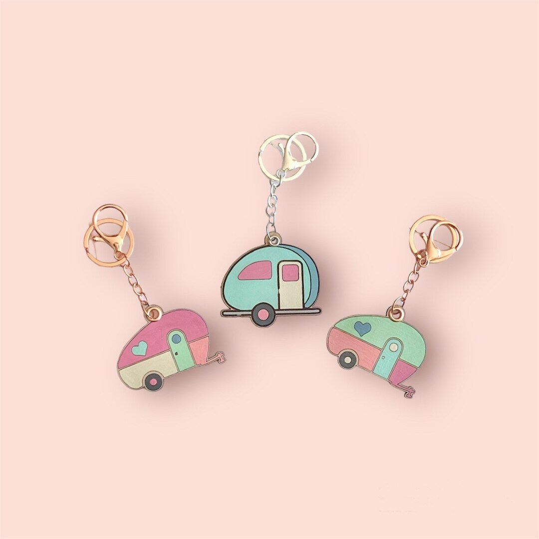 Hand Painted Leather Vintage Caravan Keyring - Pastel Caravan Keyring ...