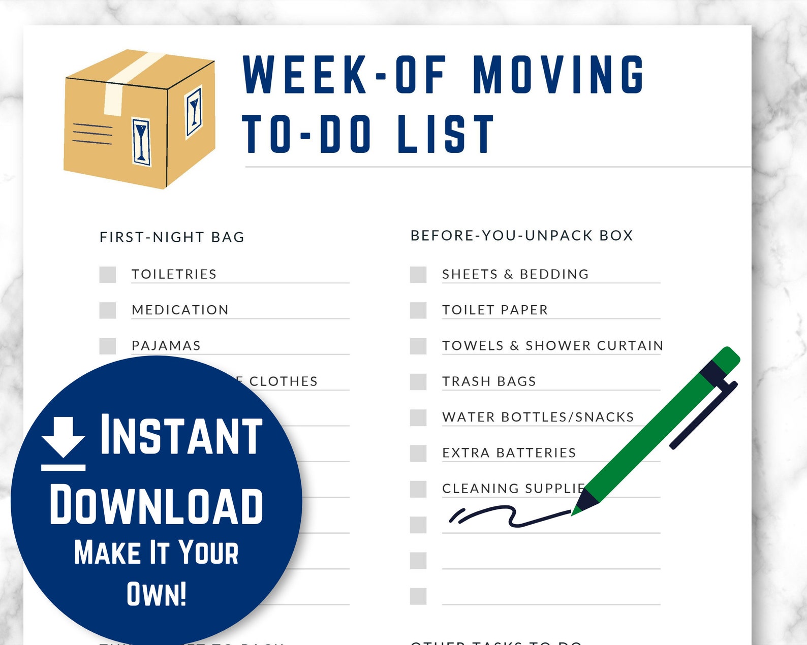 Moving Week Planner & Checklist Instant Digital Download 2 | Etsy