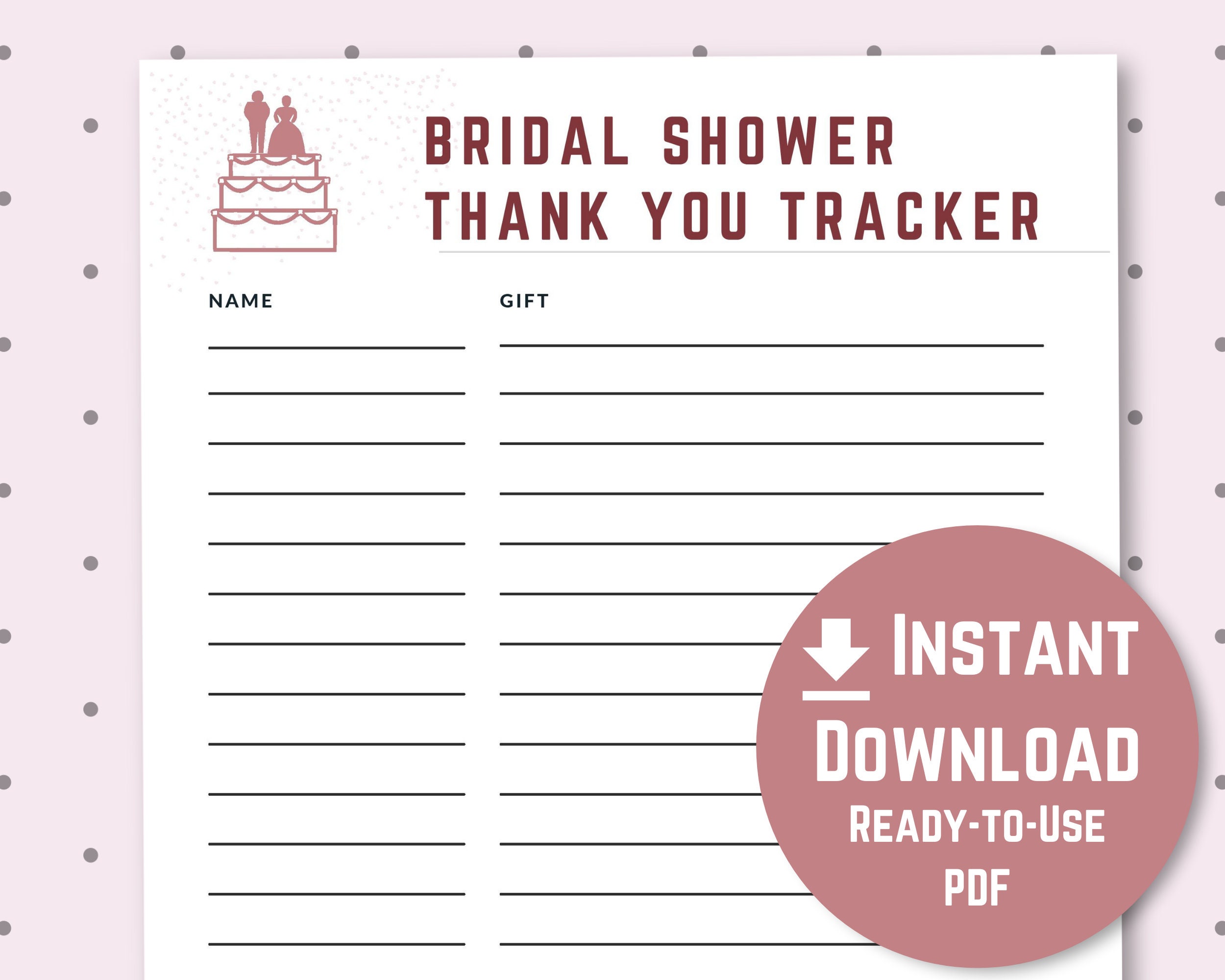 Bridal Shower Thank You Tracker - Instant Digital Download PDF - Etsy