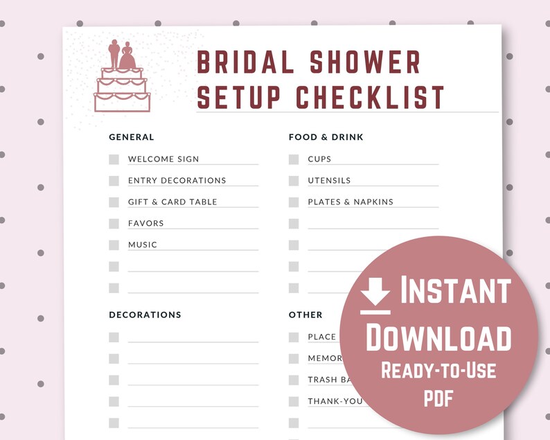 Bridal Shower Setup Checklist - Instant Digital Download PDF - Etsy