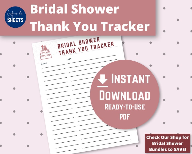Bridal Shower Thank You Tracker - Instant Digital Download PDF - Etsy
