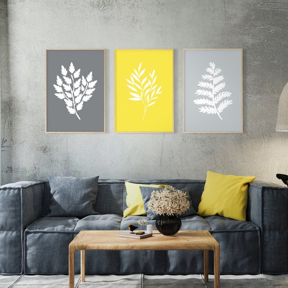 Yellow Gray Set of 3 Prints Leaf Poster Yellow Printable Wall - Etsy