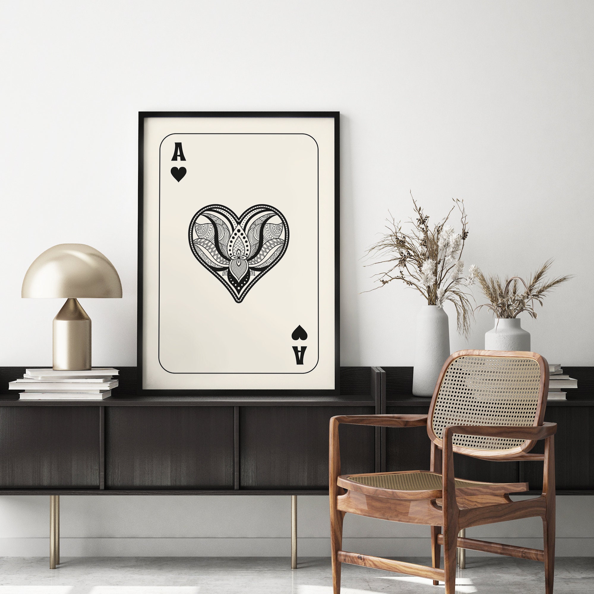 Black Beige Ace of Hearts Card Wall Art, Ace Card Poster,playing Card ...