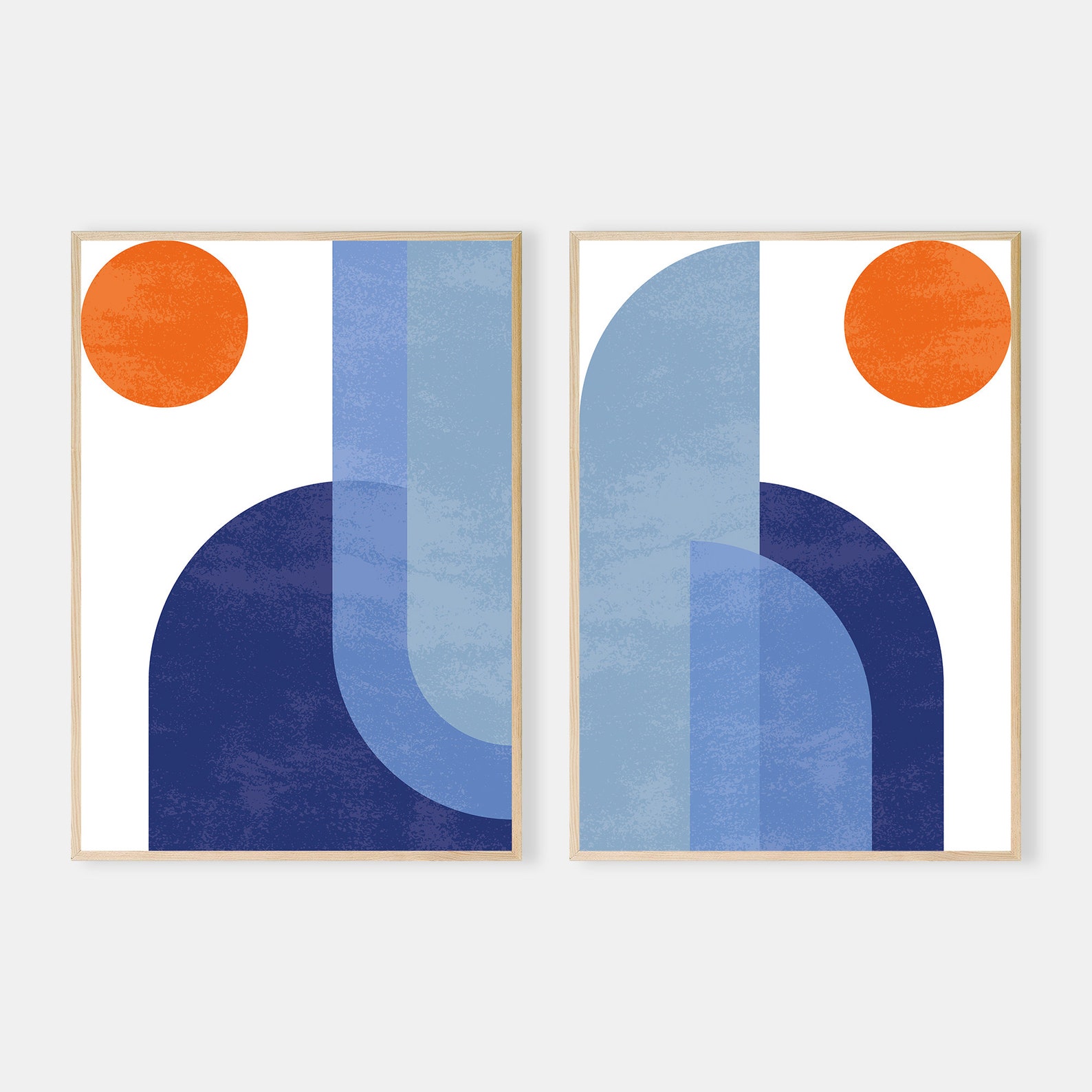 Blue Orange Set of 2 Geometric Shapes Wall Art Navy Blue Orange Poster ...