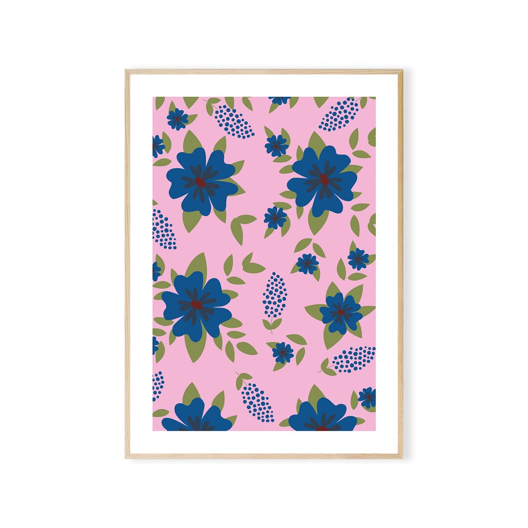 Pink Blue Flower Print Floral Wall Prints Botanical Printable Wall Art ...