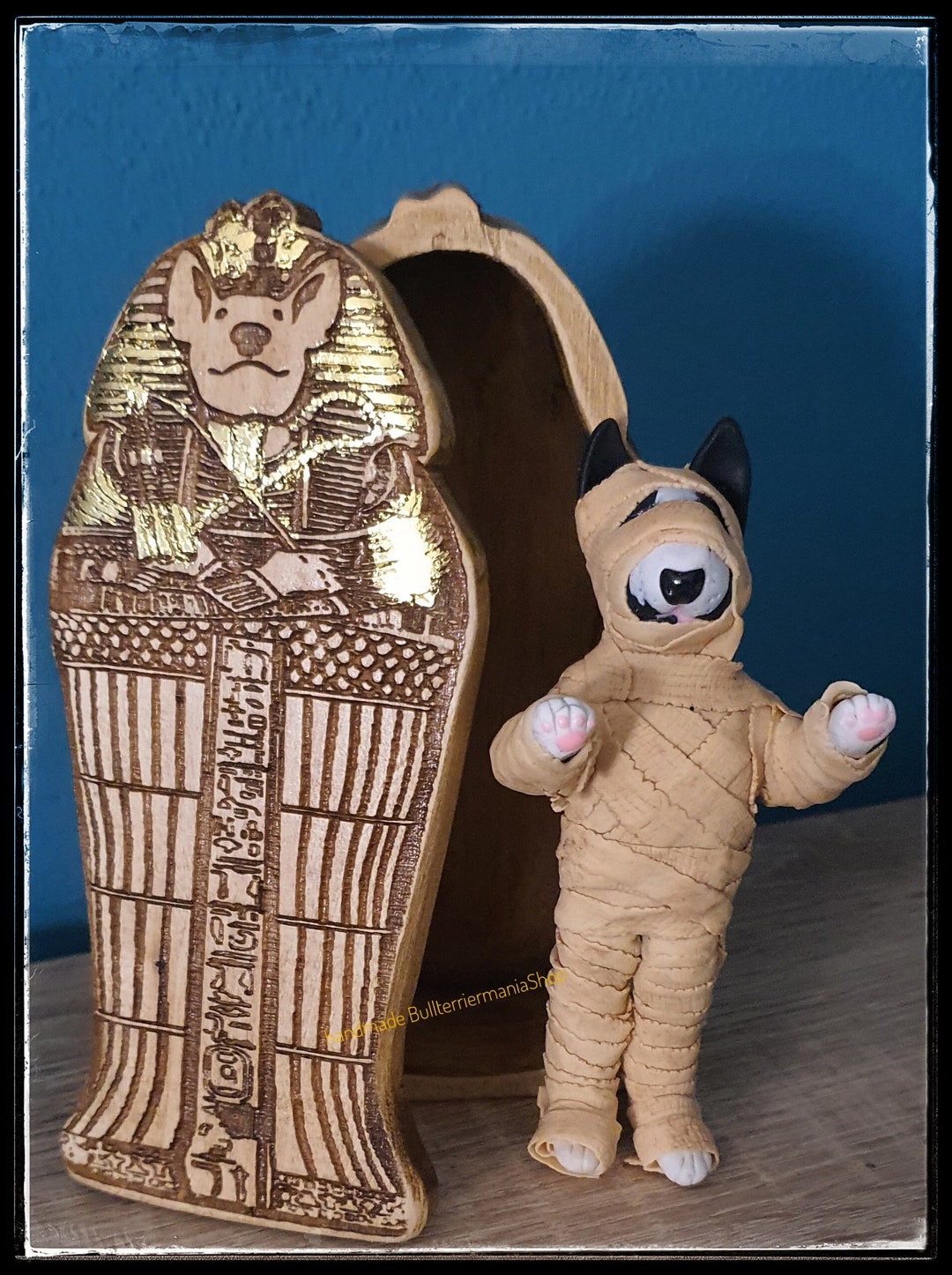 English Bull Terrier Mummy Figurine in a Sarcophagus, Halloween ...