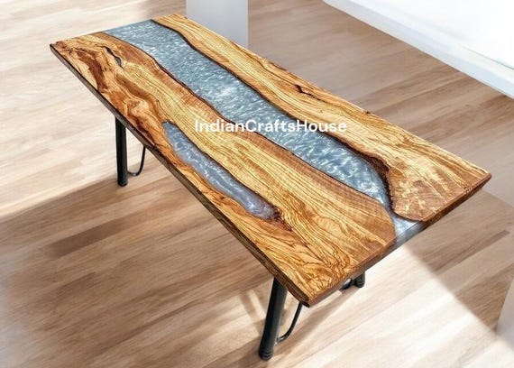 Epoxy resin live edge river wood plank dining table counter desk store