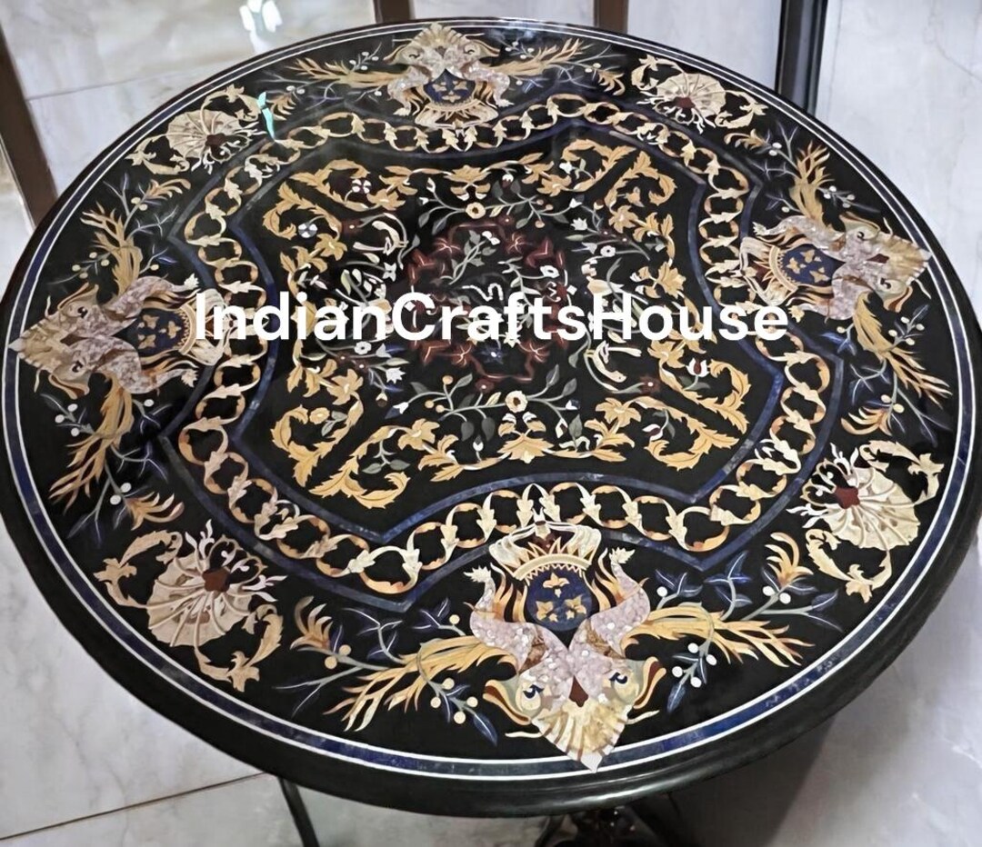 Round Marble Inlay Tabletop With Semiprecious Stones - Unique Decor ...