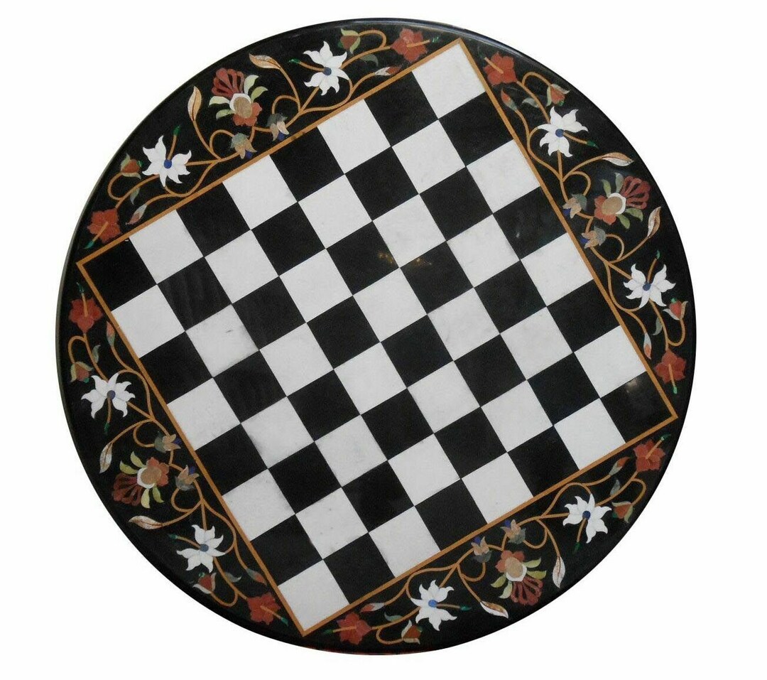 Round Marble Chess Table Top Semi Precious Stones Art Handmade Work ...