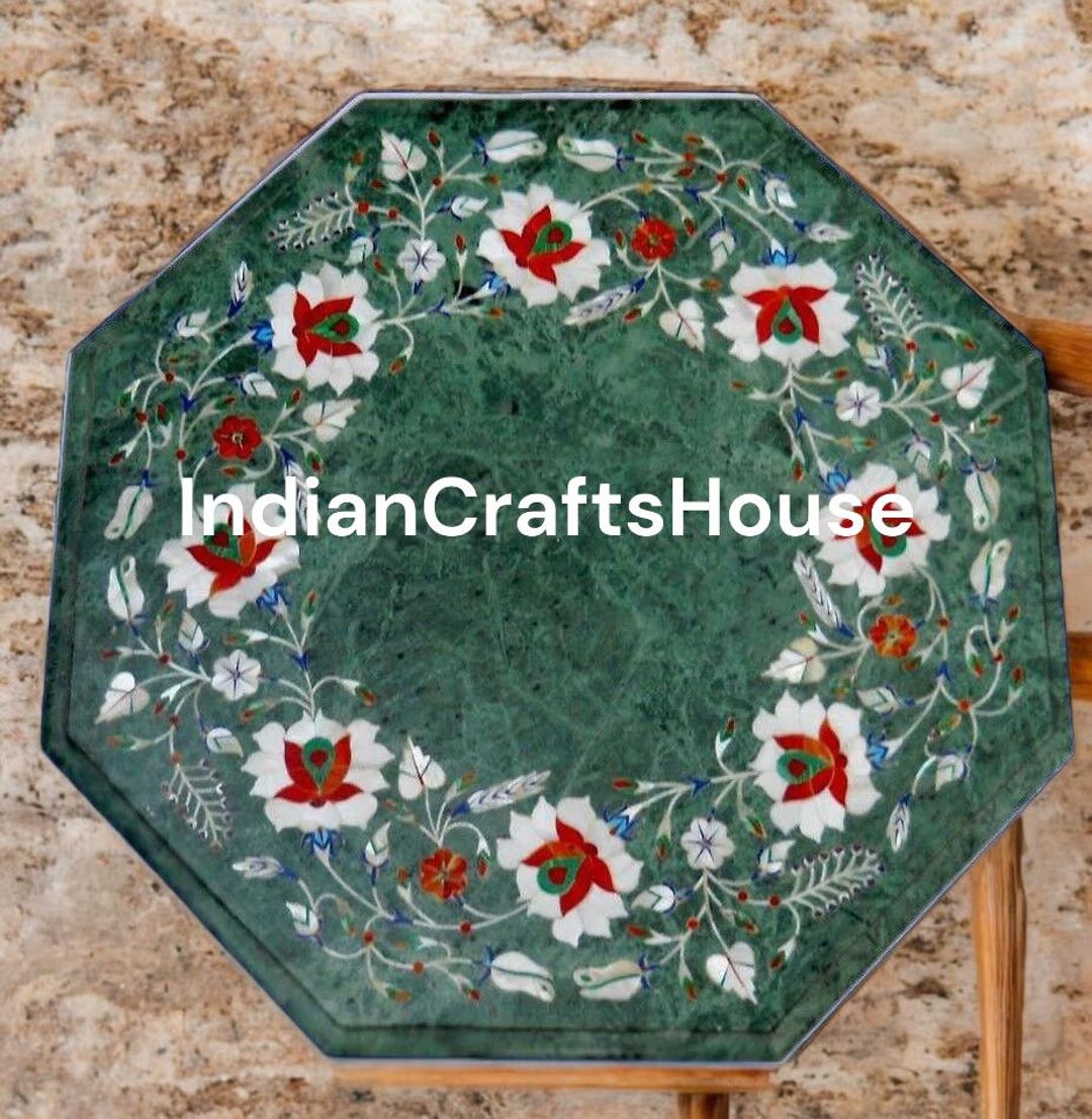 Green Marble Side Table Top / Marble Semi Precious Stones Inlay Table ...