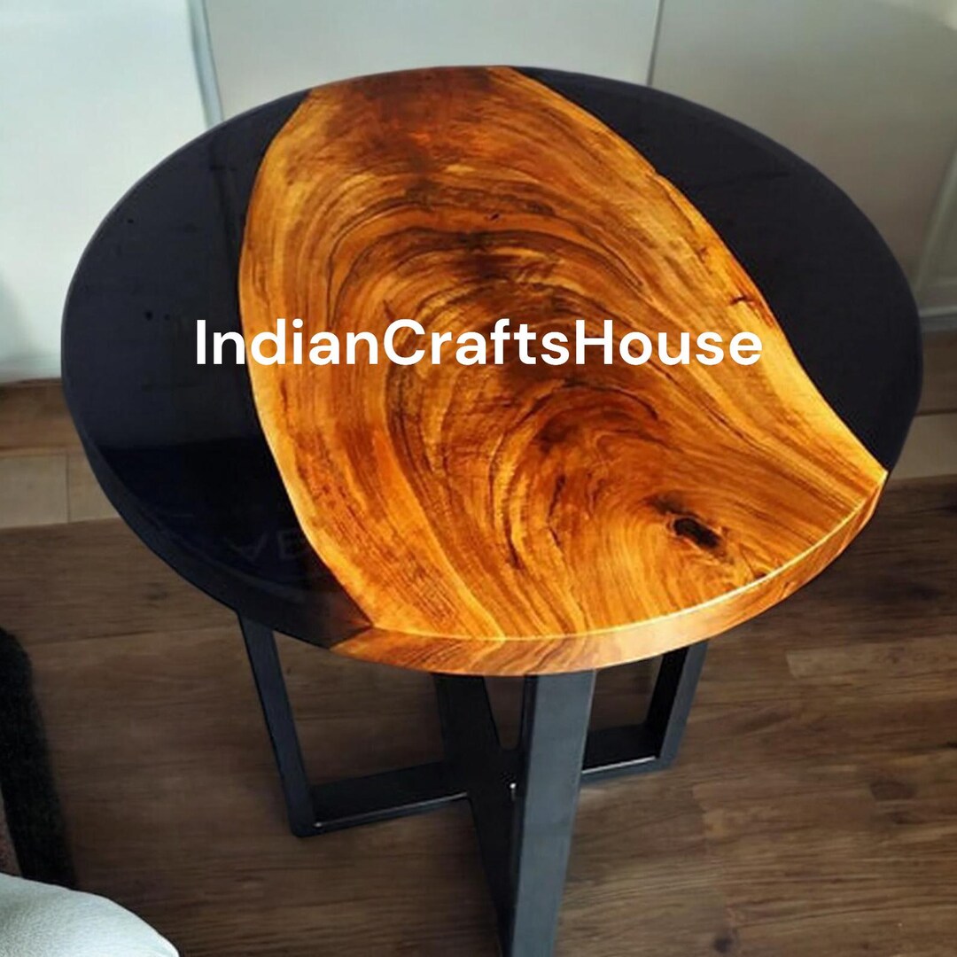 Round Epoxy Resin Wood Side Table With Stand, Modern Rustic End Table ...