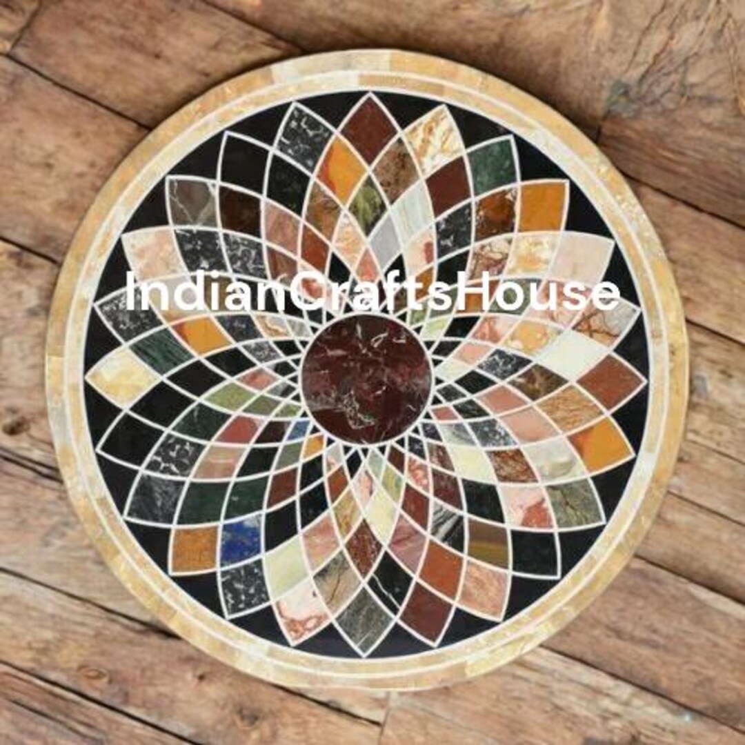 Round Marble Dining Center Table Top Semi Precious Stones Inlay Home ...