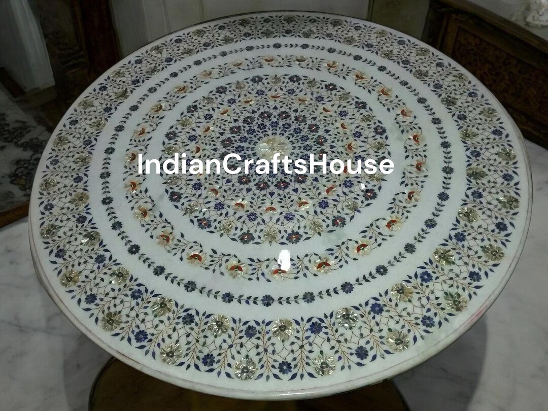 Marble Dining Table Top Semi Precious Stones Inlay Work Handmade Home ...
