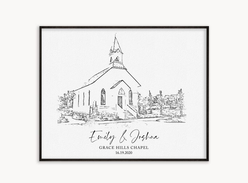 Wedding Venue Sketch Drawing Black and White 1st First Anniversary Gift ...