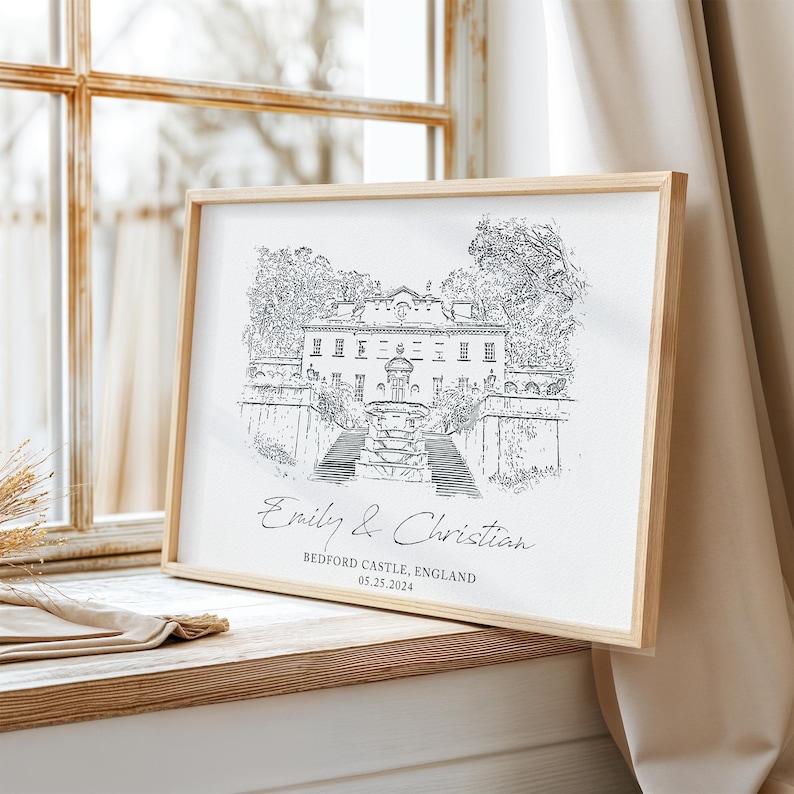 Wedding Venue Sketch Drawing Black and White 1st First Anniversary Gift ...