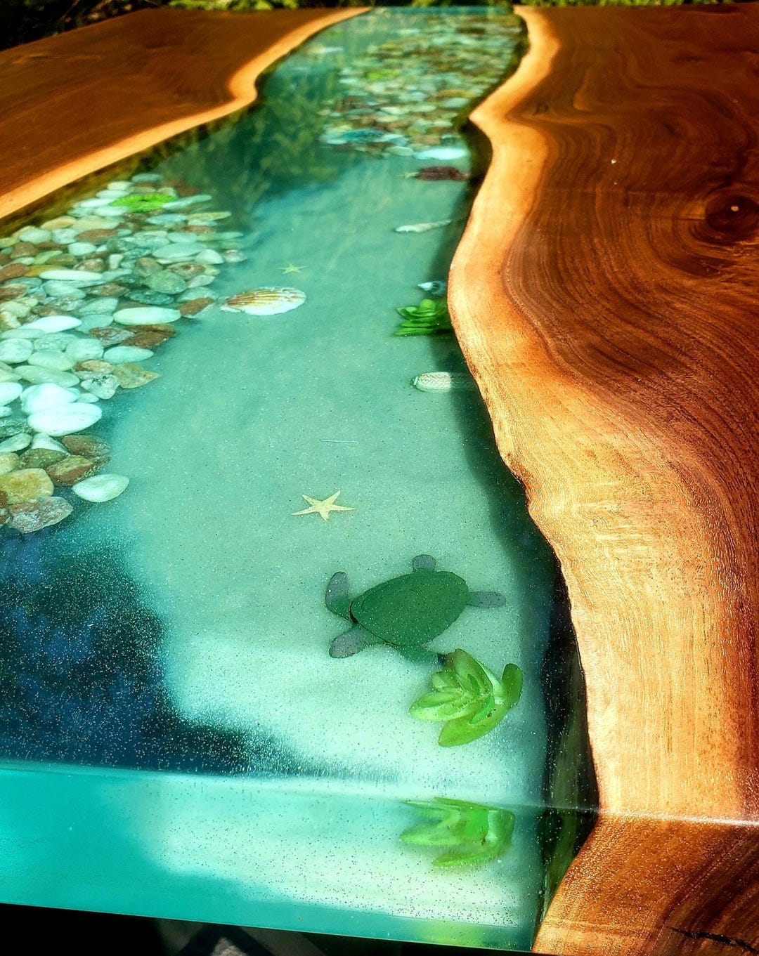 USA- Walnut Blue Epoxy Ocean Tables. Shells Plants,starfish and Turtles ...