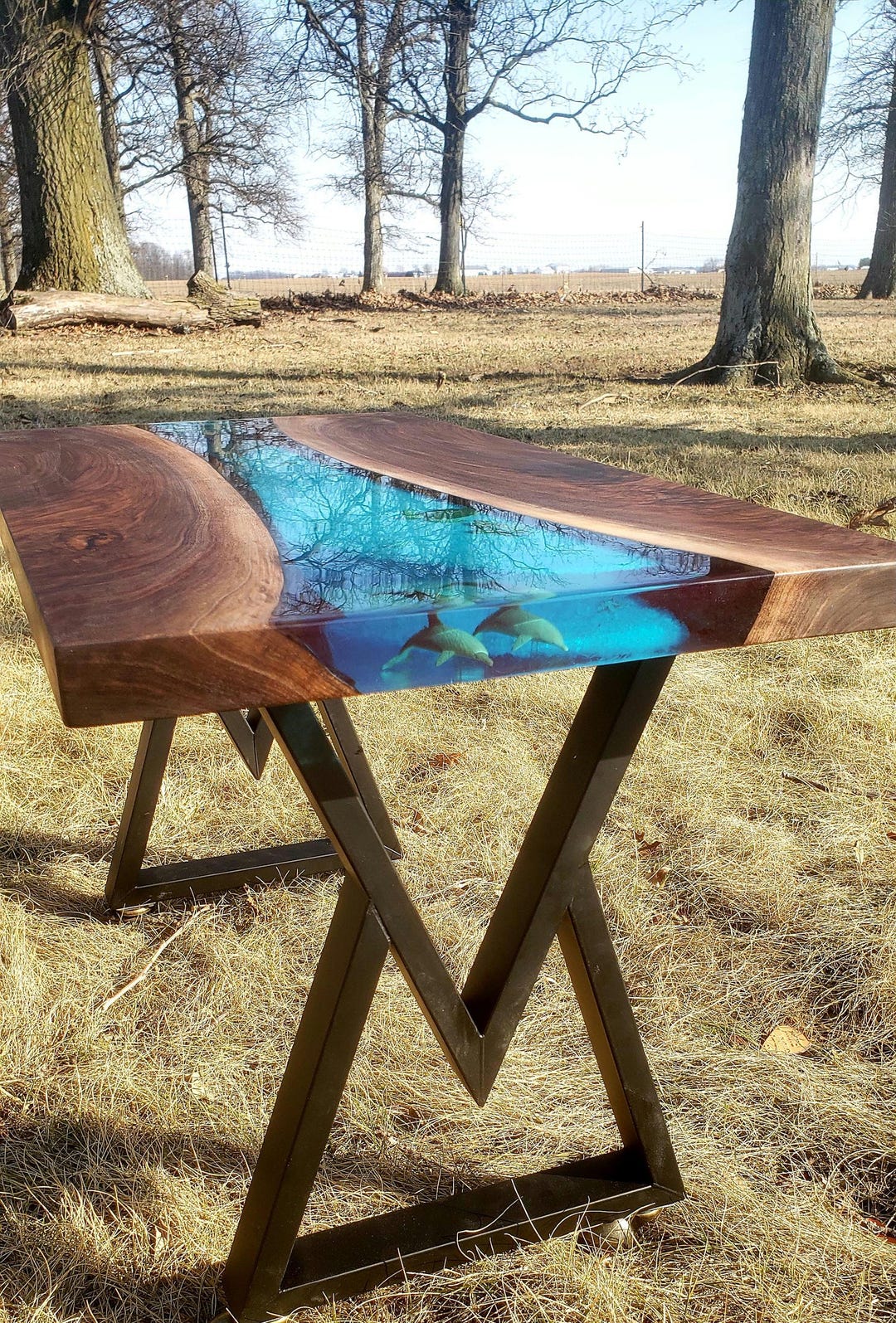Usa-walnut Blue Dolphin Ocean Tables. Shells Plants,starfish and Sharks ...