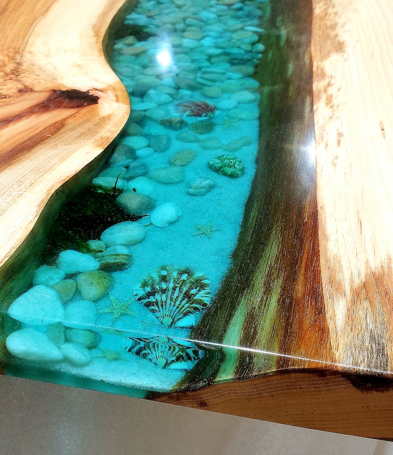 USA- Hickory +blue Epoxy Ocean Tables. Shells Plants,starfish and ...