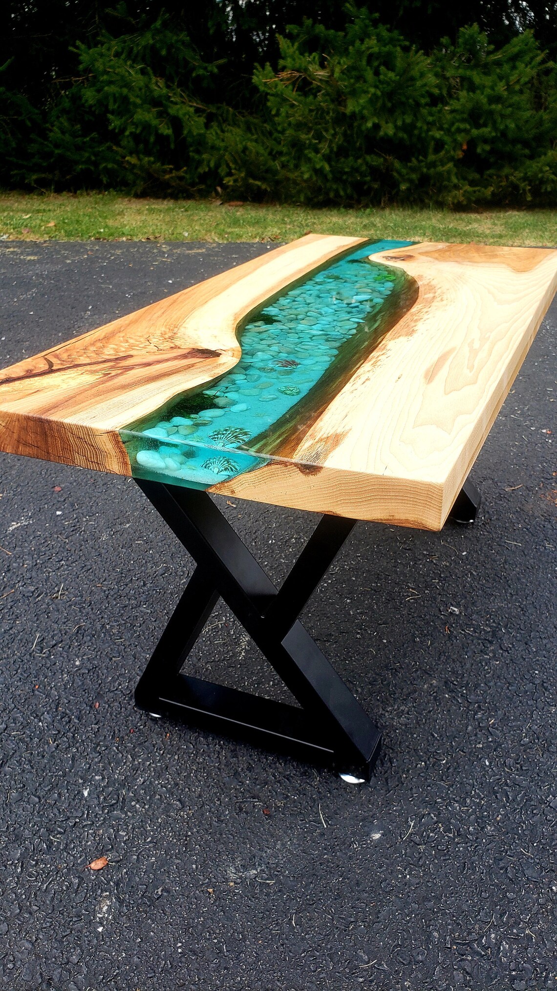 USA- Hickory +blue Epoxy Ocean Tables. Shells Plants,starfish and ...