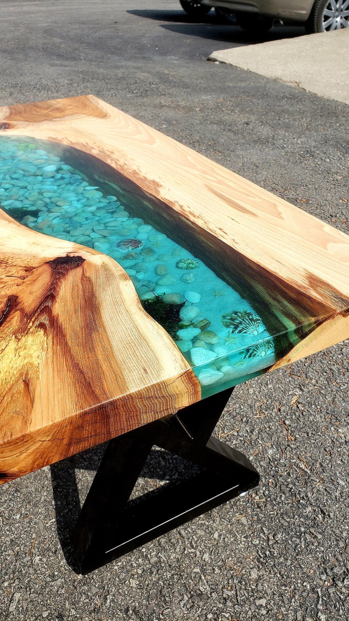 USA- Hickory +blue Epoxy Ocean Tables. Shells Plants,starfish and ...