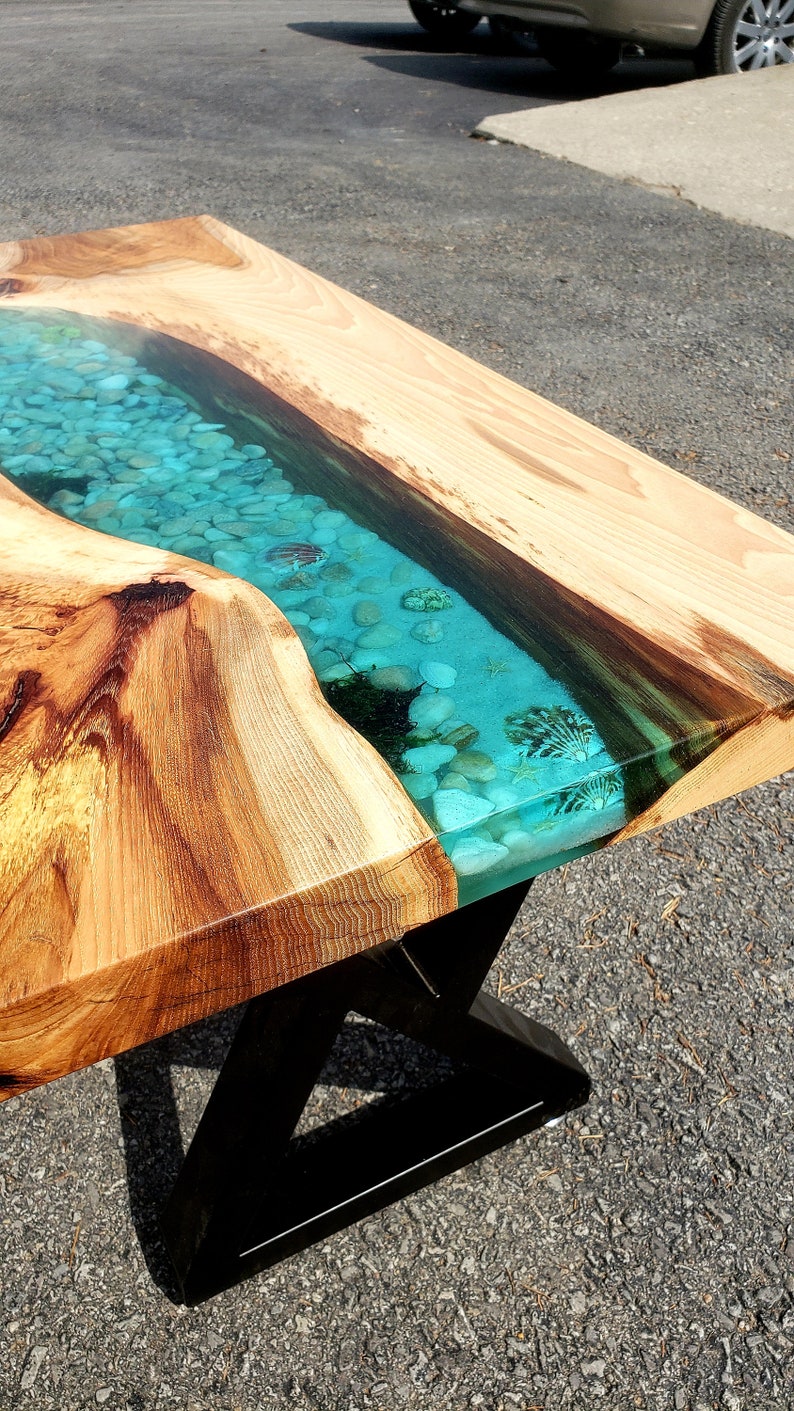 USA- Hickory +blue Epoxy Ocean Tables. Shells Plants,starfish and ...