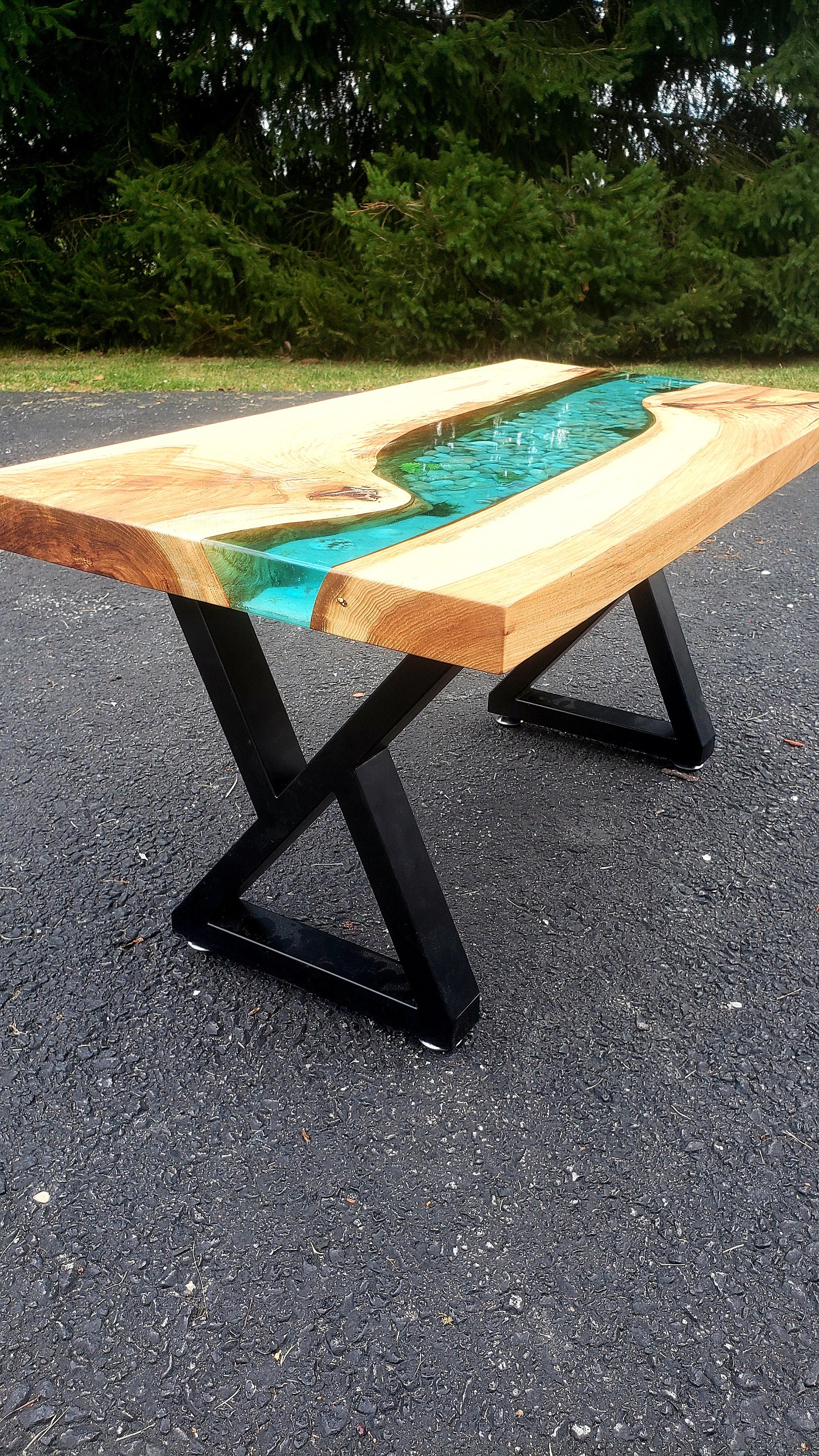 USA- Hickory +blue Epoxy Ocean Tables. Shells Plants,starfish and ...