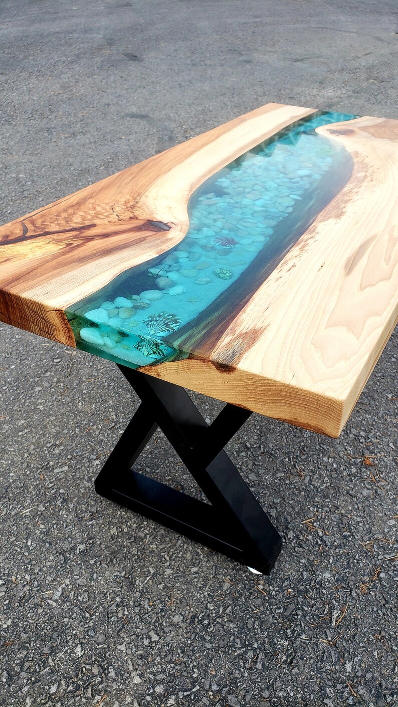 USA- Hickory +blue Epoxy Ocean Tables. Shells Plants,starfish and ...