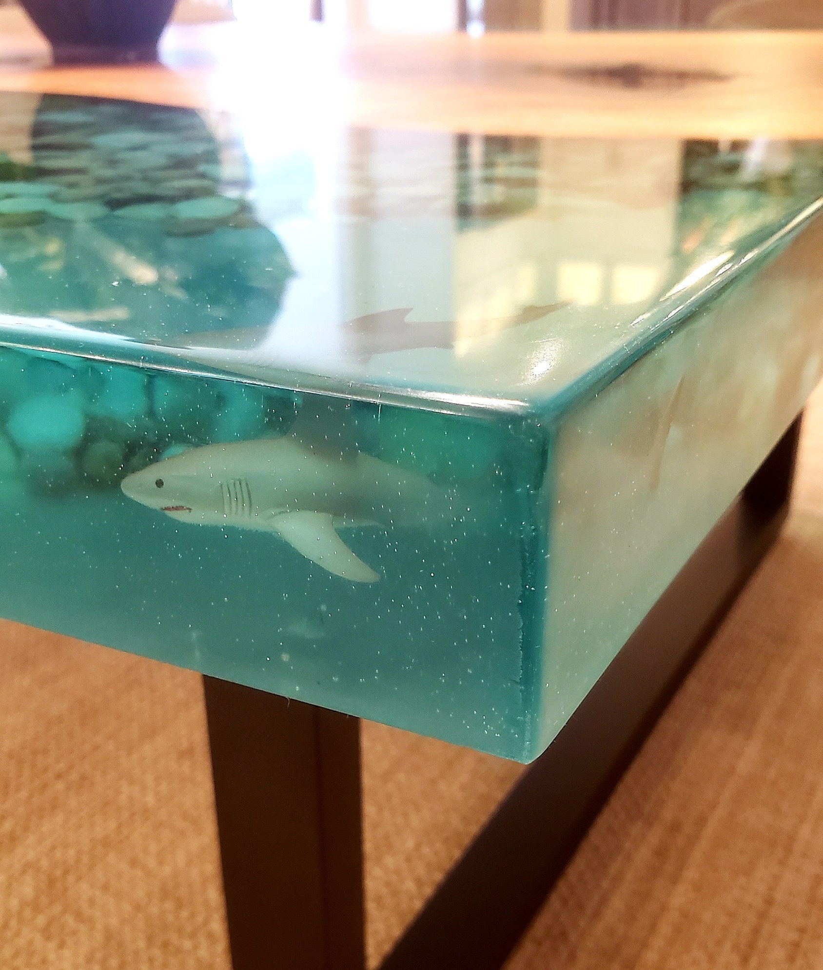 Usa-white Oak Blue Epoxy Ocean Tables. Shells Plants,starfish and ...