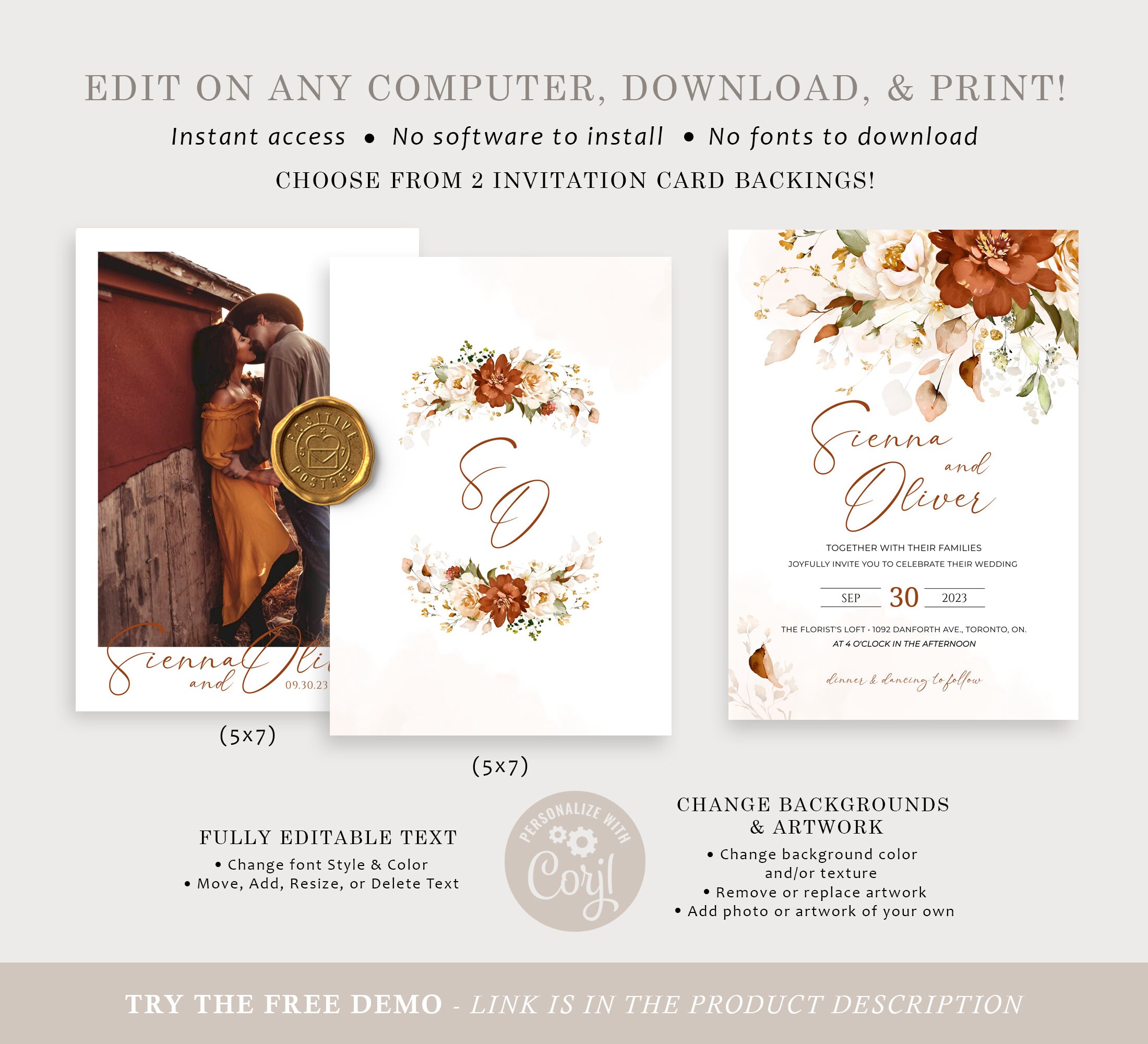 Burnt Orange Wedding Invitation Template Set Terracotta - Etsy UK