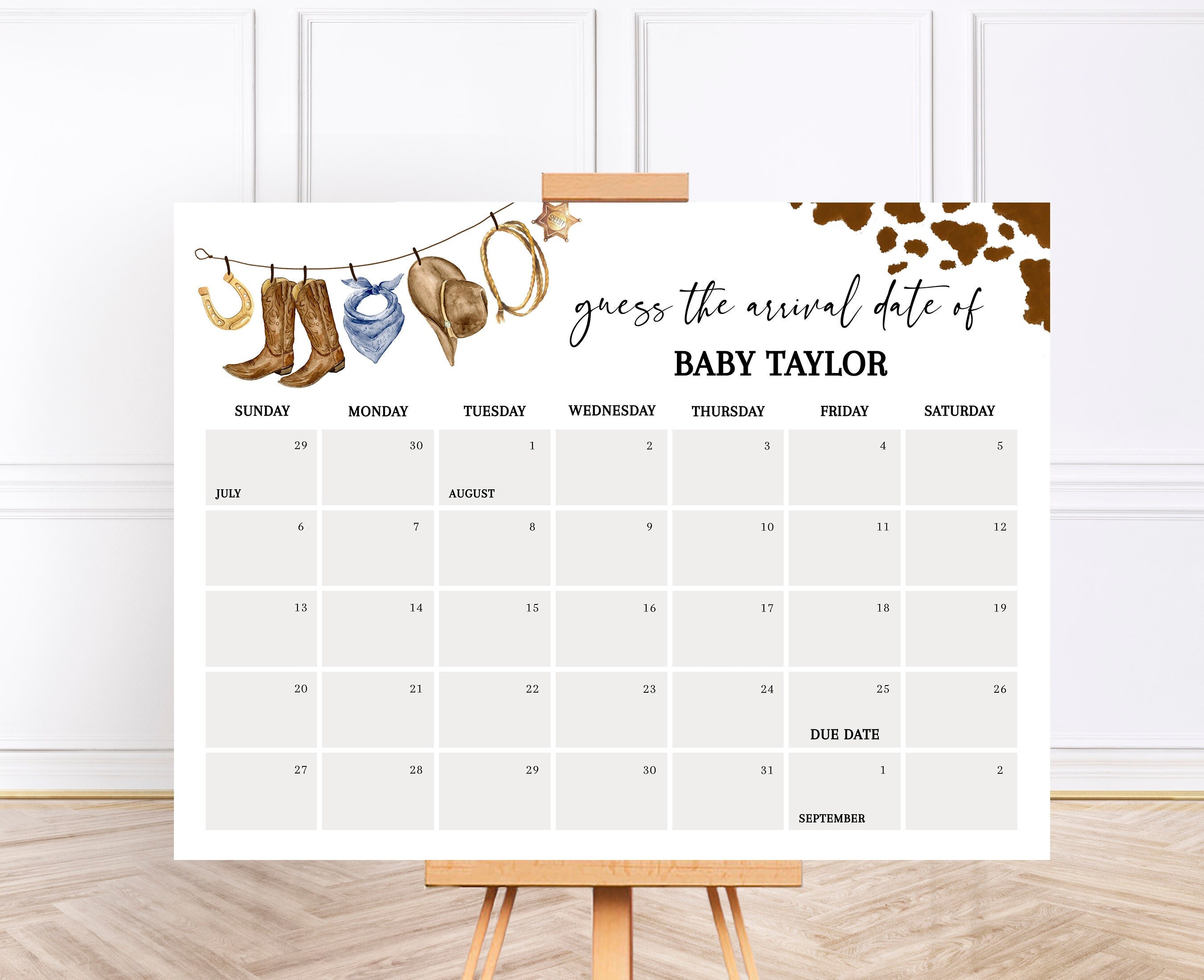 Guess the Due Date Calendar Template Cowboy Baby Shower - Etsy