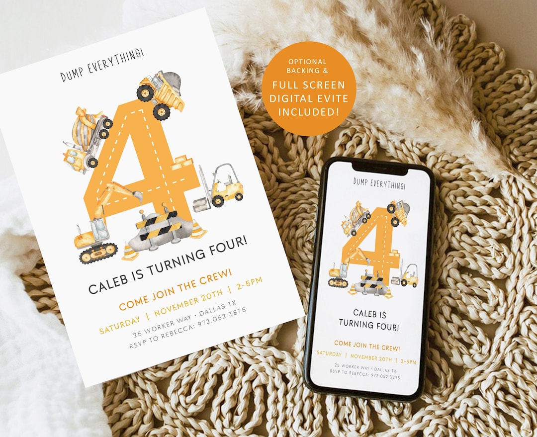 CONSTRUCTION Birthday Party Editable Invitation, 4th Birthday ...
